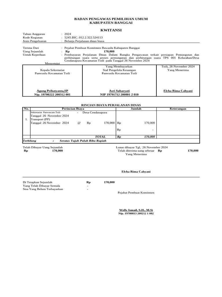 1. Kwitansi Elcha Rima Cahyani 26 Nov 2024 | PDF