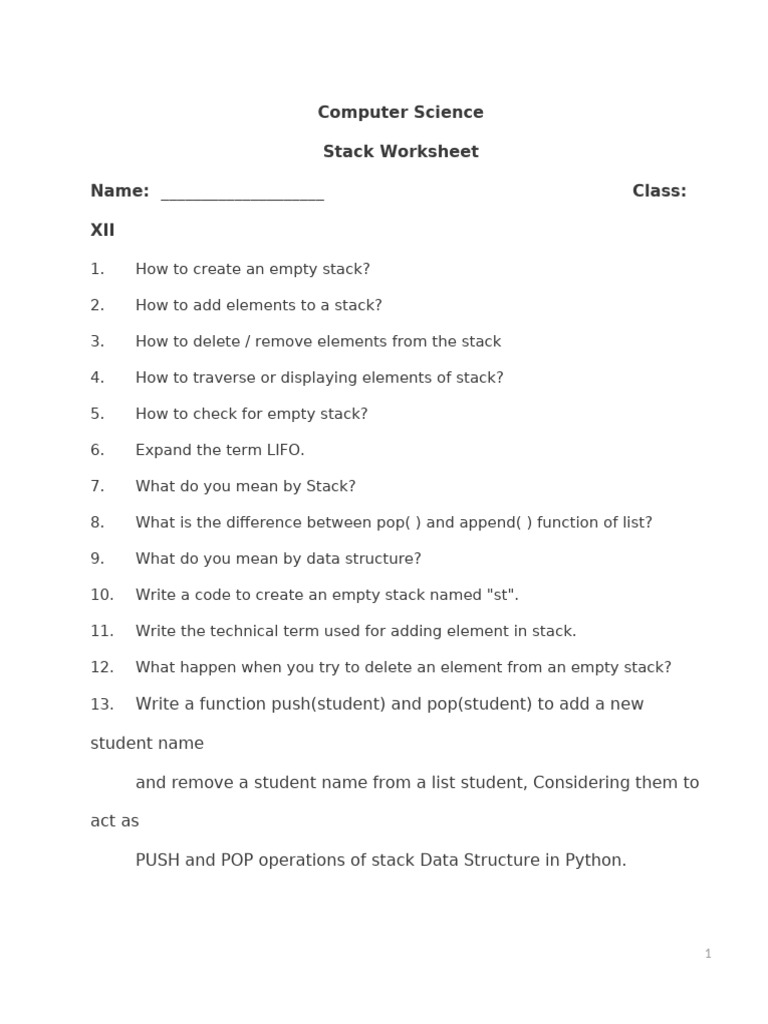 XII Stack Worksheet | PDF | Computer Programming | Computing