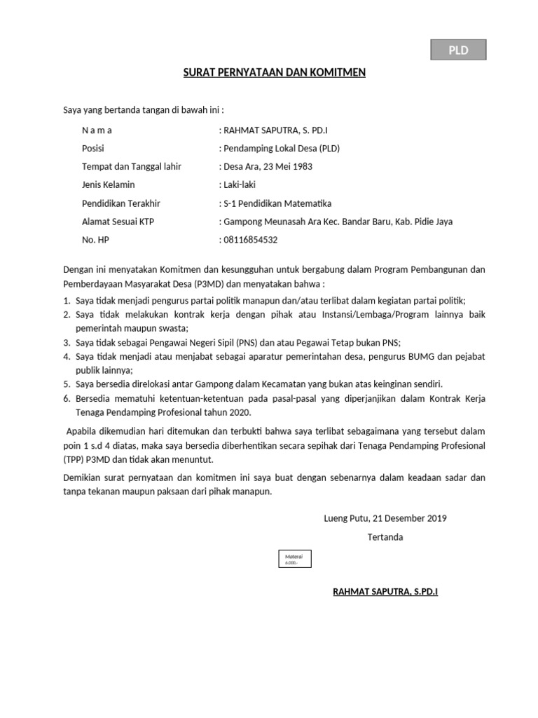 Surat Pernyataan Komitmen TPP p3md - Pld-1 | PDF