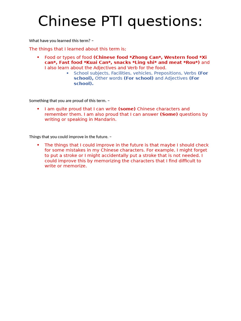 Chinese PTI Questions | PDF