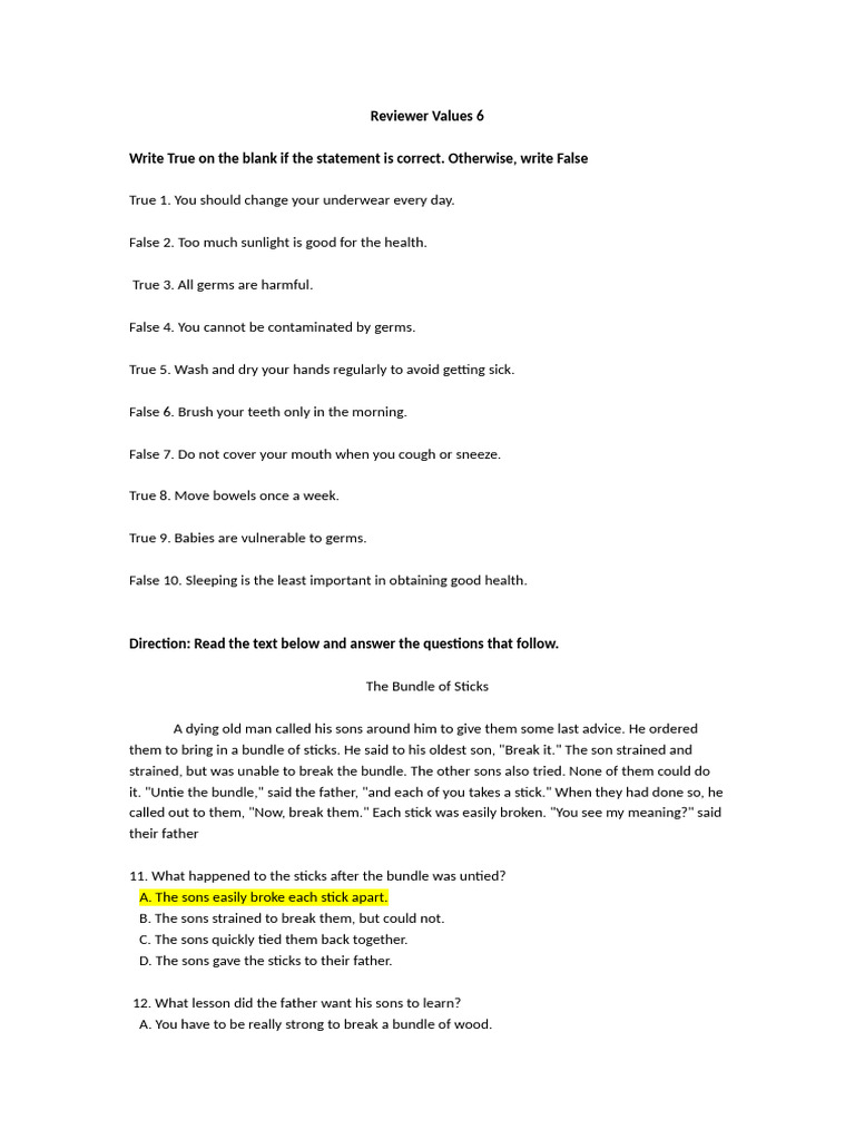 Grade 6 Values | PDF | Hygiene | Healthy Diet