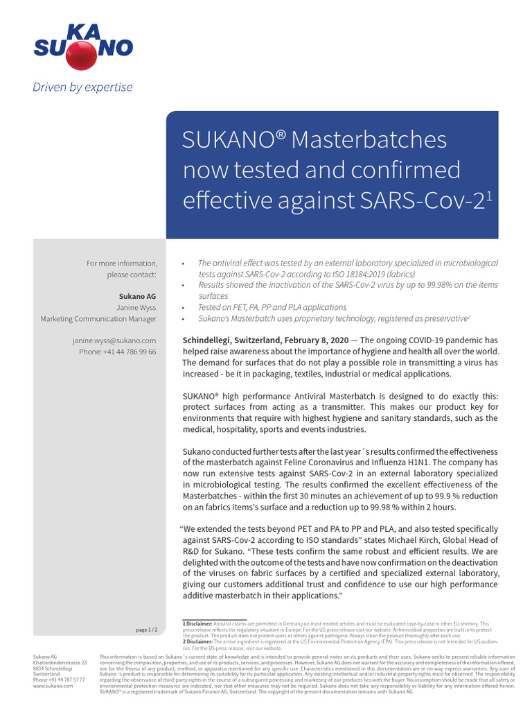 SUKANO® Masterbatch Now Tested Against SARS-COV2 - Fabrics | PDF ...