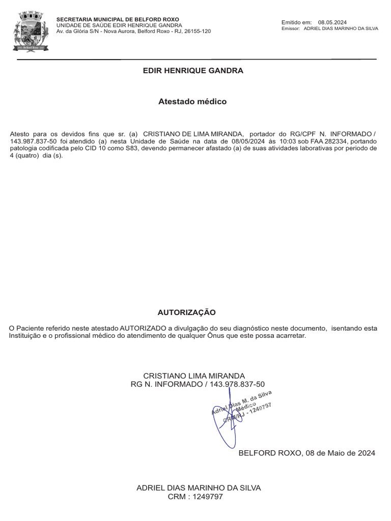 Atestado Médico Cid S83 | PDF
