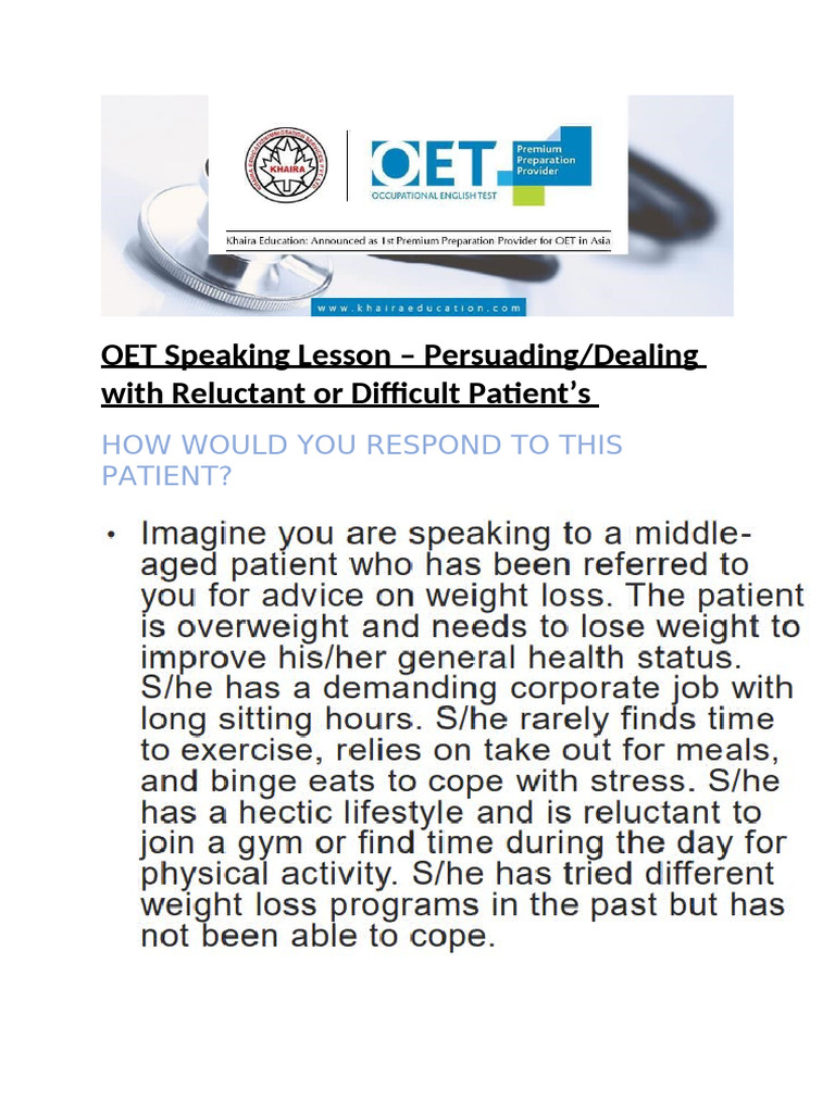 2.0 OET Speaking Lesson - Persuading Reluctant or Difficult Patient's | PDF