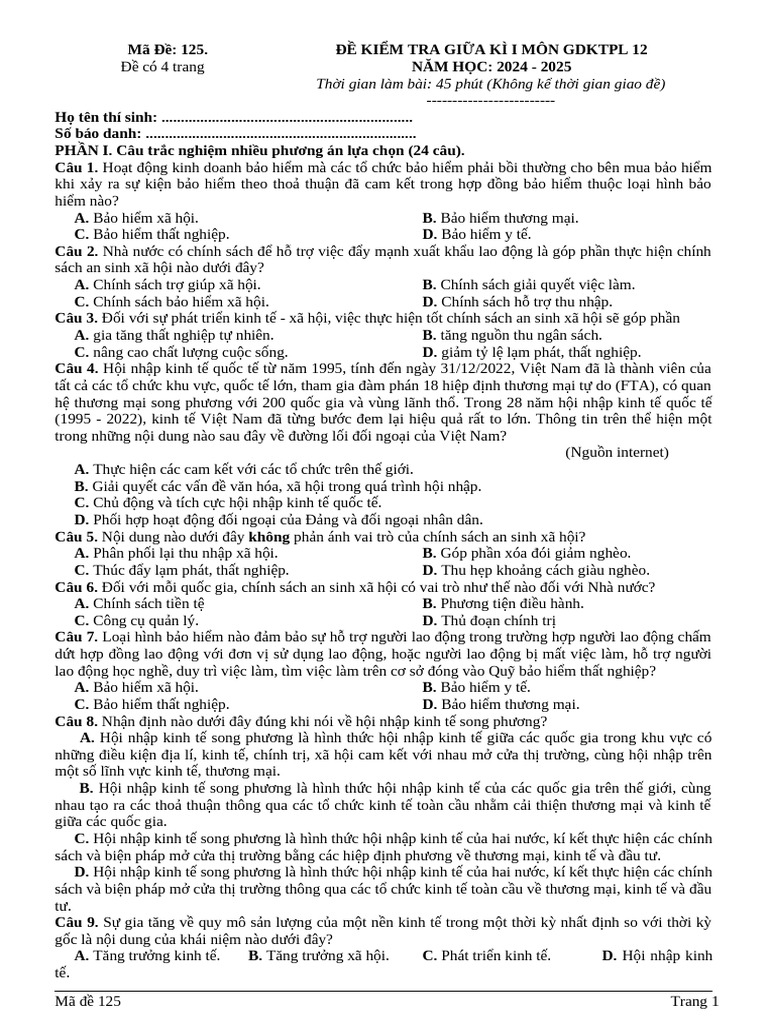 MÃ ĐỀ 125 - KIEM - TRA - GIUA - KI - I - MON - GDKTPL | PDF
