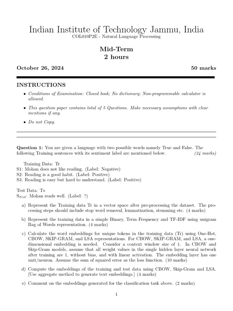 IIT Jammu NLP Mid-Term Exam Questions | PDF | Artificial Intelligence ...