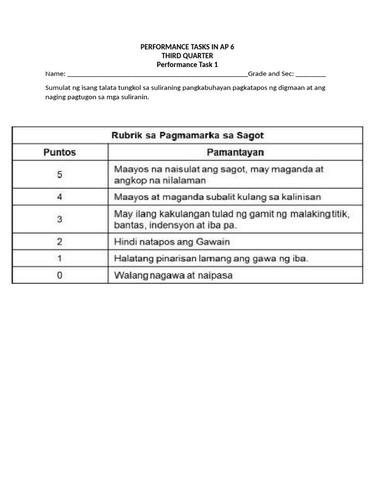Performance Tasks in Ap 6 Q3 | PDF