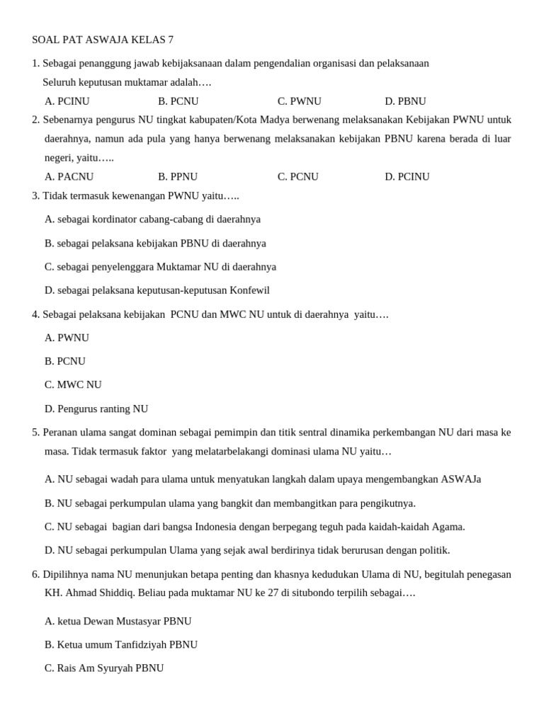 Soal Pat Aswaja Kelas 7 2023 | PDF