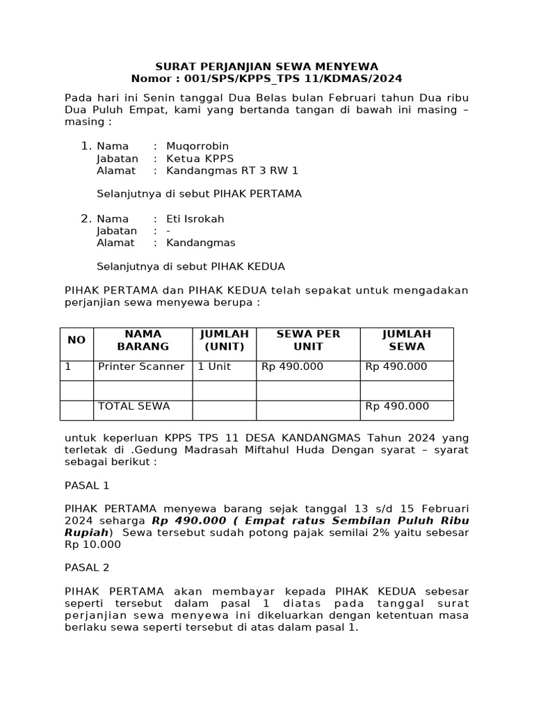 SURAT PERJANJIAN SEWA MENYEWA | PDF