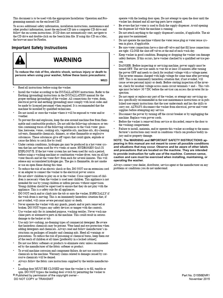 D1556 - Safety Guide | PDF | Washing Machine | Manufactured Goods