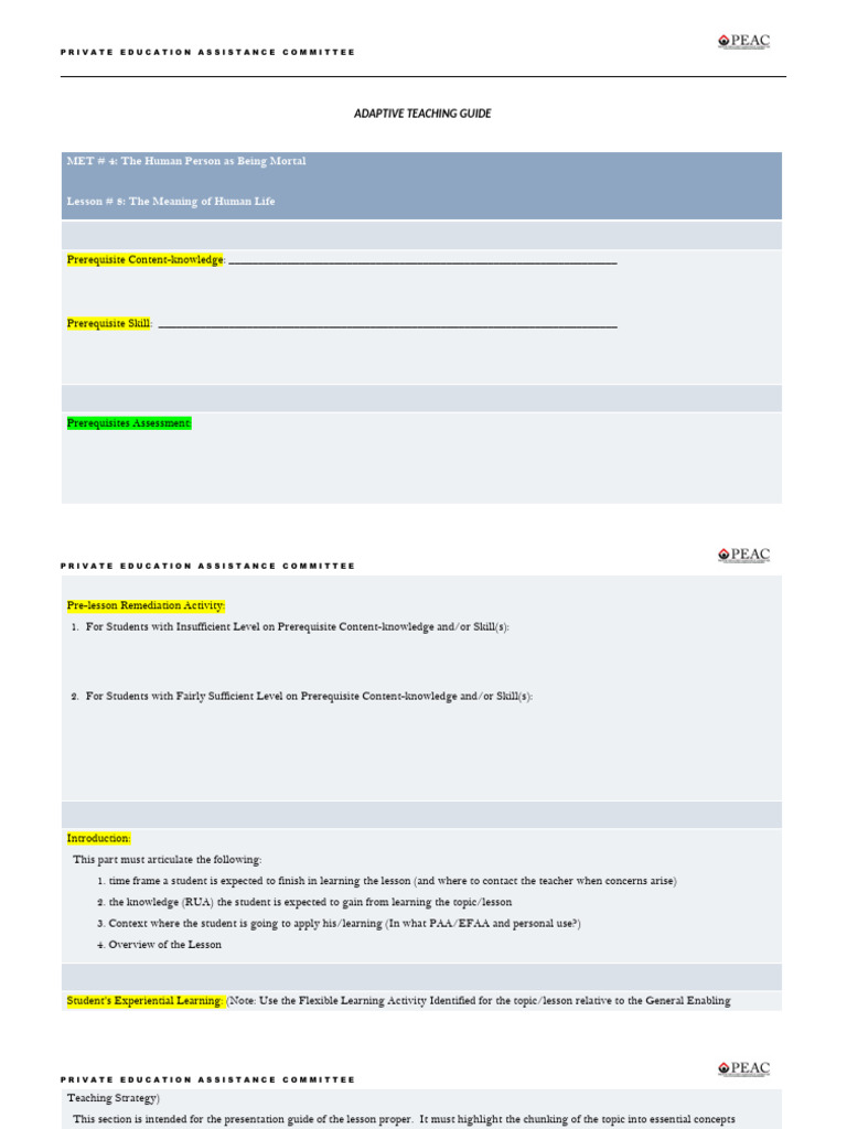 Template For Adaptive Teaching Guide - Lesson 8 | PDF