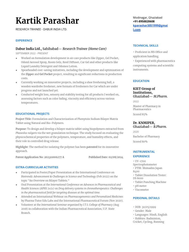 Kartik Parashar - Resume | PDF | Tablet (Pharmacy) | Pharmaceutical Formulation