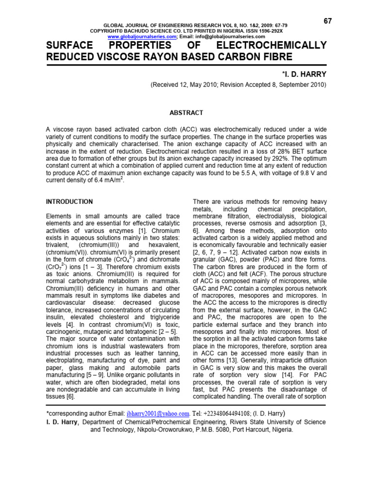 Surface properties of electrochemically reduced viscose rayon based ...