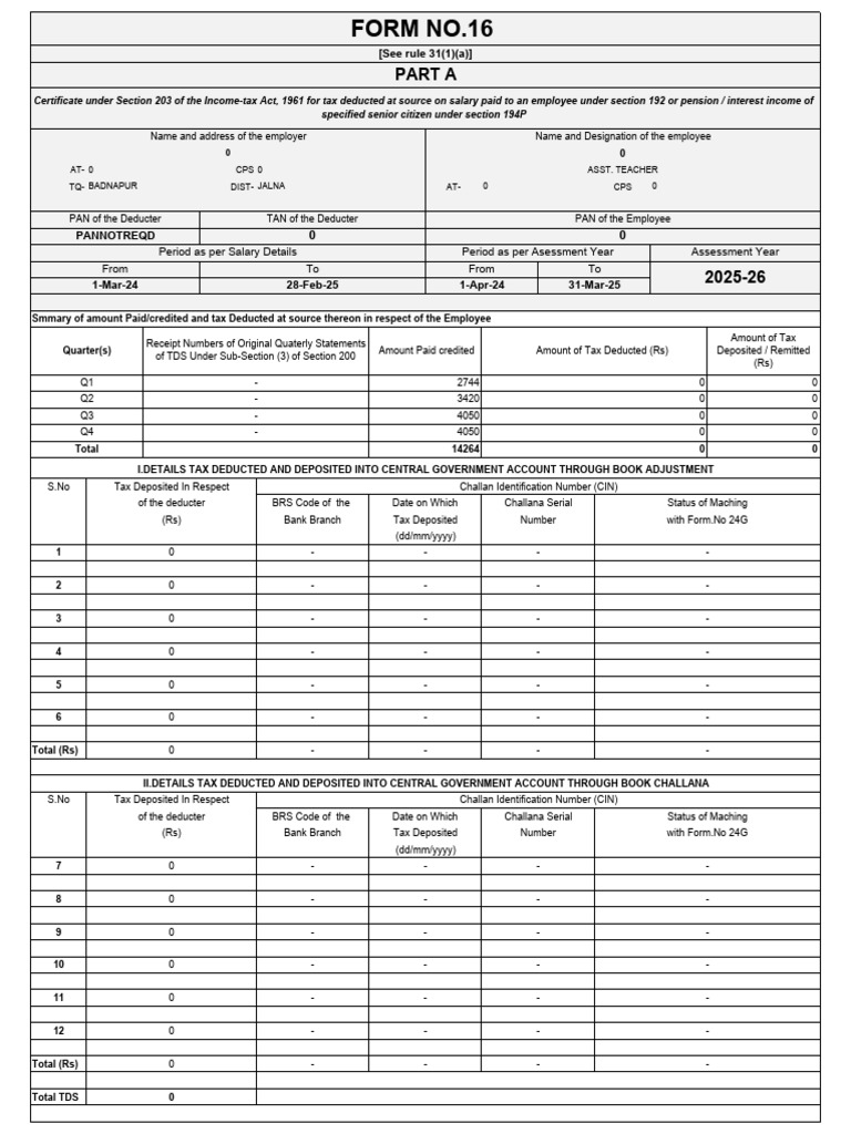 Form 16 Part A Summary for 2025-26 | PDF | Personal Finance | Payments