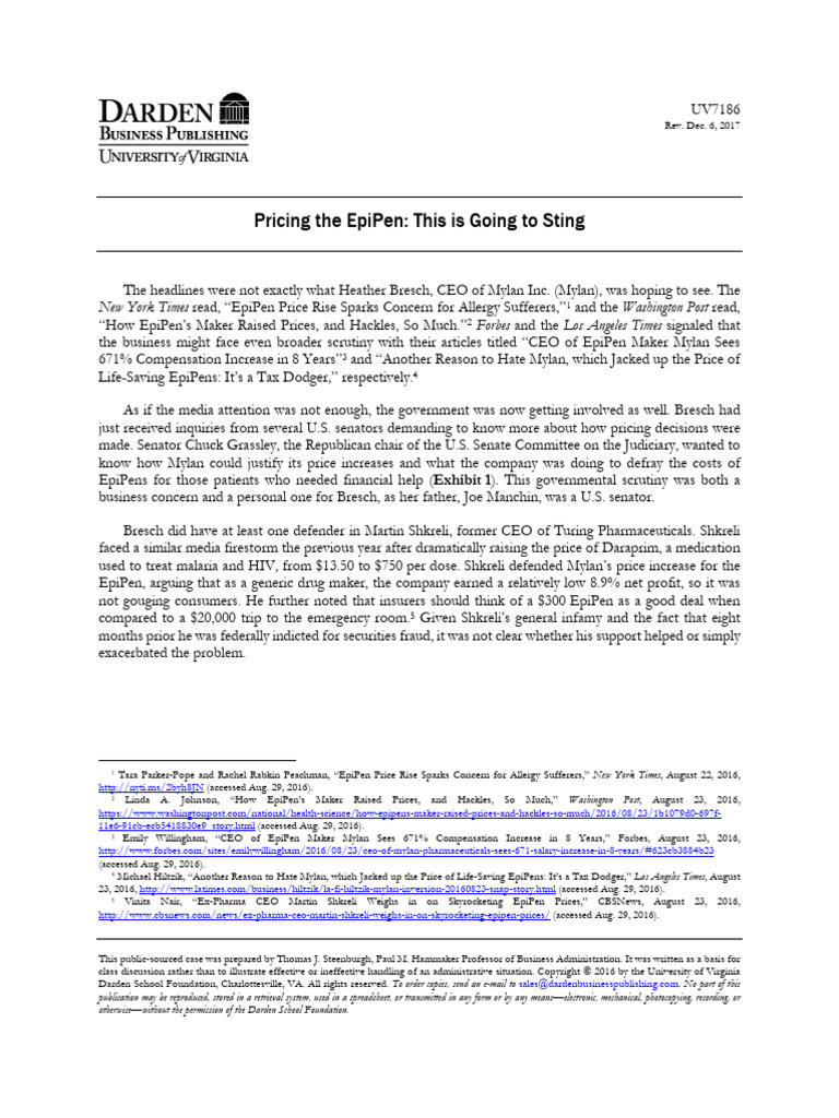 Pricig The Epipen Case | PDF | Epinephrine Autoinjector | Mylan