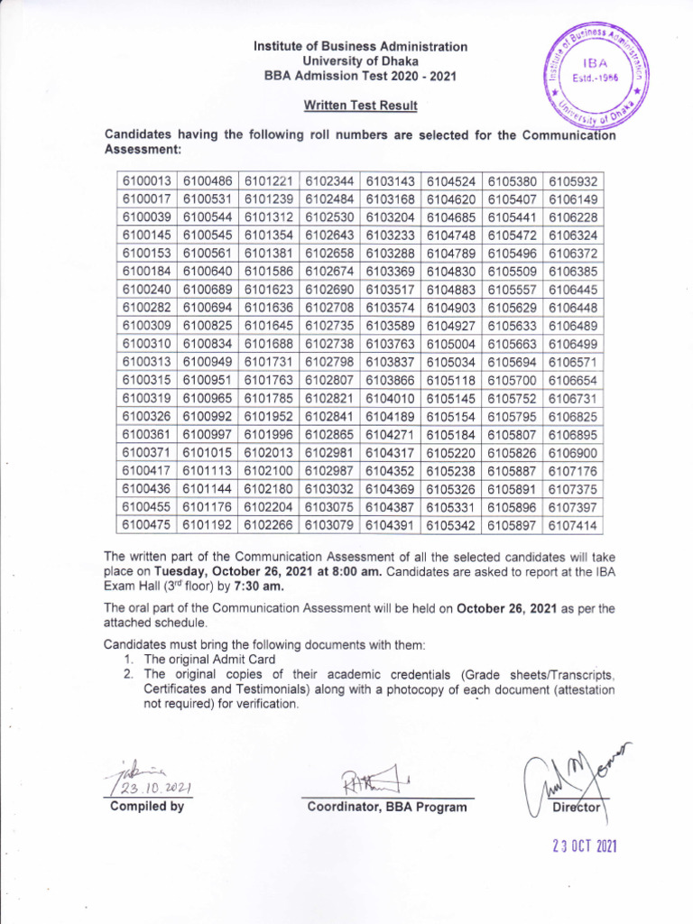 IBA BBA Written Test Result 2020-2021 - 0002 | PDF | Qualifications ...