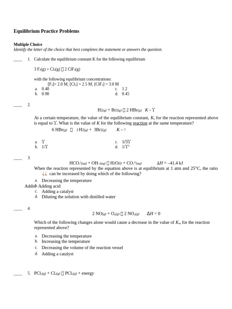 AP Equilibrium Practice Problems 2020 | PDF | Chemical Equilibrium ...