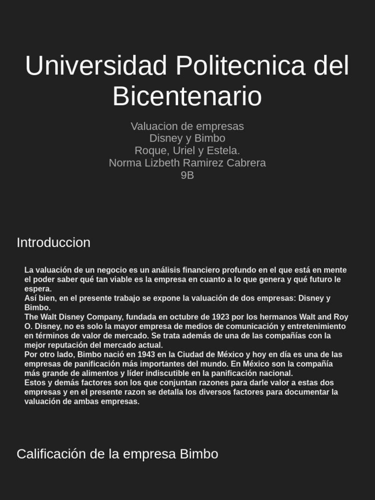 Valuación de Disney y Bimbo | PDF