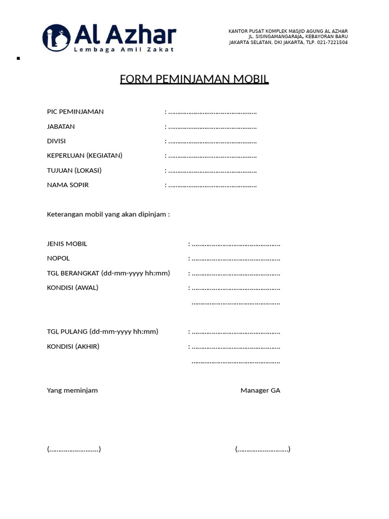 FORM PEMINJAMAN MOBIL | PDF