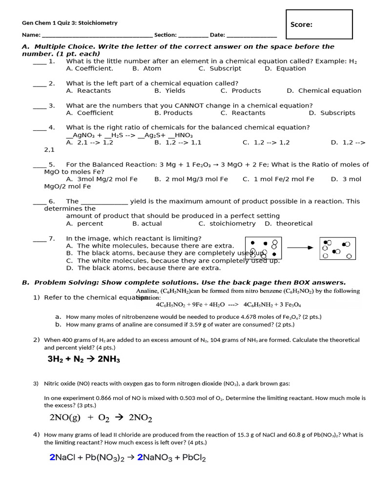 Gen Chem 1 Quiz 3 | PDF | Stoichiometry | Mole (Unit)