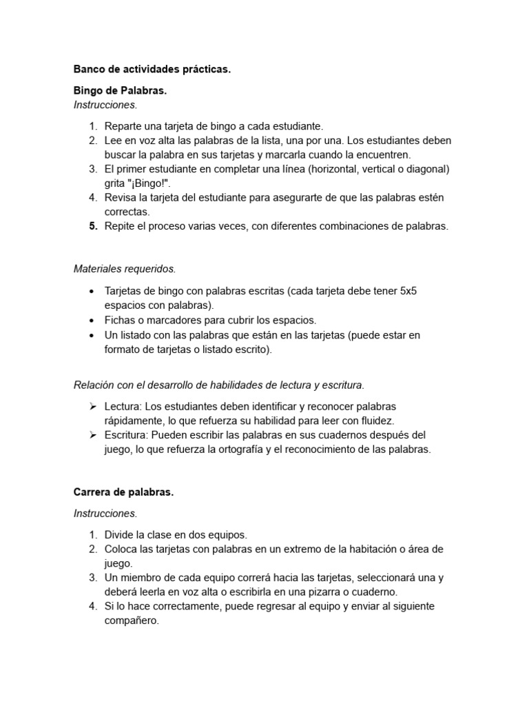 Actividades de Bingo y Lectura para Estudiantes | PDF | Comunicación ...