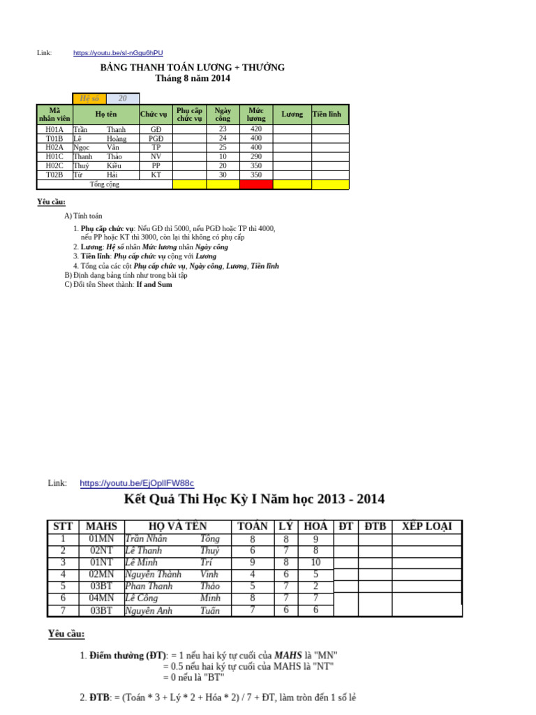 2 Bai Thuc Hanh MS Excel - Bai Tap | PDF