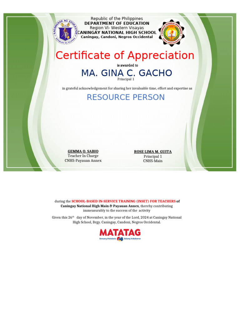 Certificate of Appreciation for Resource Persons | PDF | Public ...