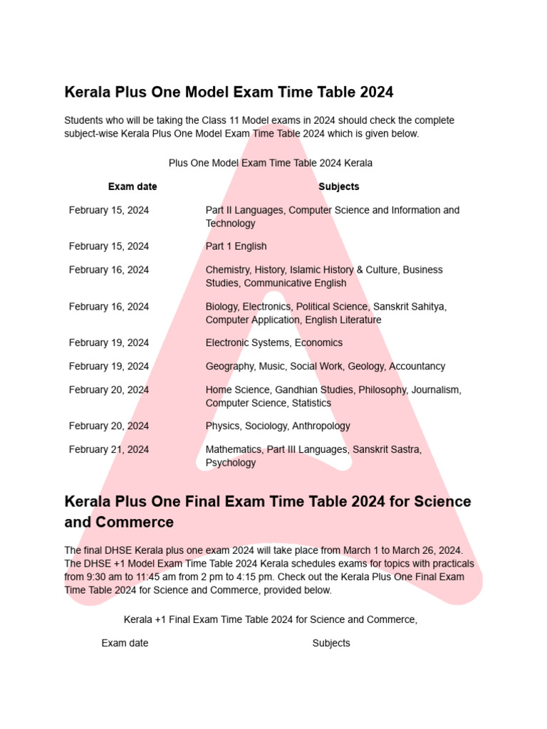 Kerala Plus One Model Exam Time Table 2024 | PDF | Science | Mathematics