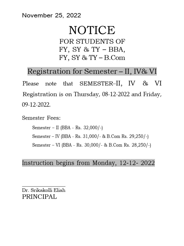 004 Notice For BBA BCOM Registration SEM-2,4,6 | PDF