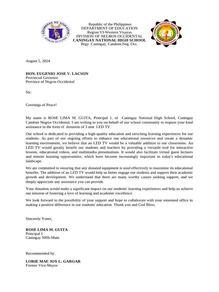 Request for LED TV Donation for Classrooms | PDF