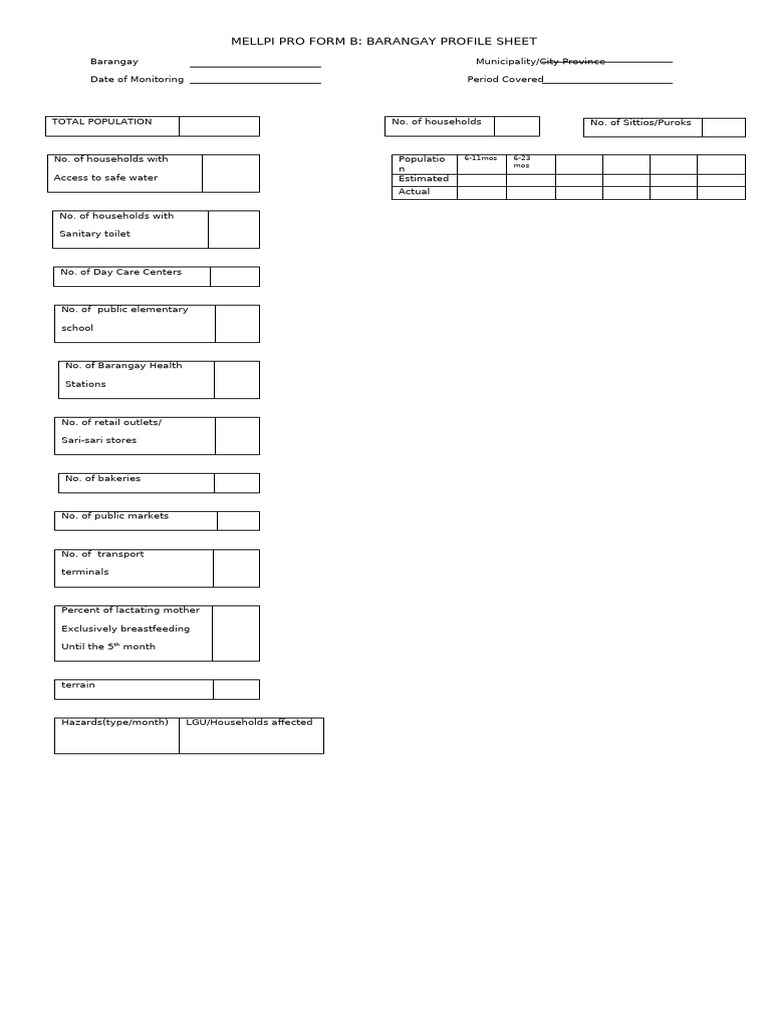 Mellpi Pro Form B: Barangay Profile Sheet: 6-11mos 6-23 Mos | PDF