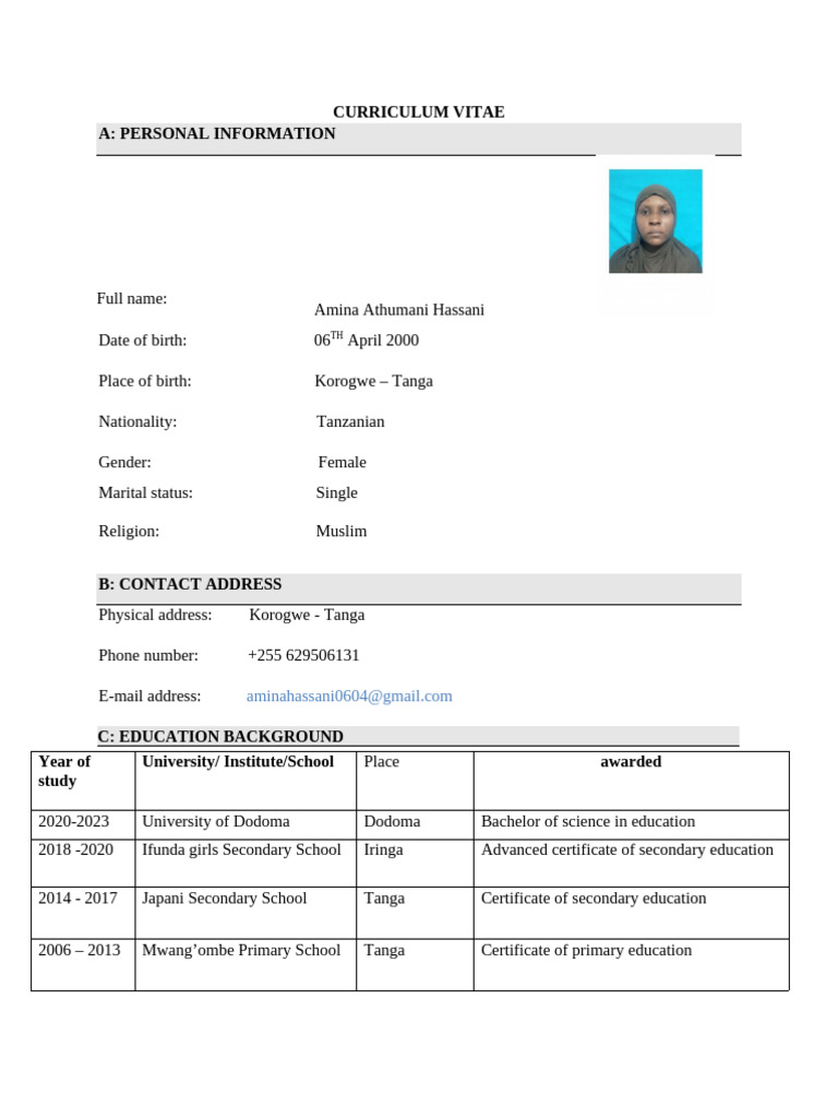 AMINA A ATHUMANI CV 2 | PDF | Teachers