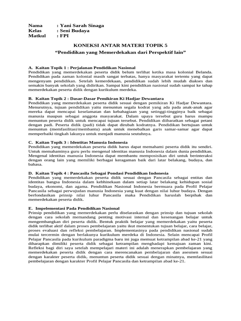 Koneksi Antar Materi T5 Fpi - Yani Sarah Sinaga (Seni Budaya) | PDF