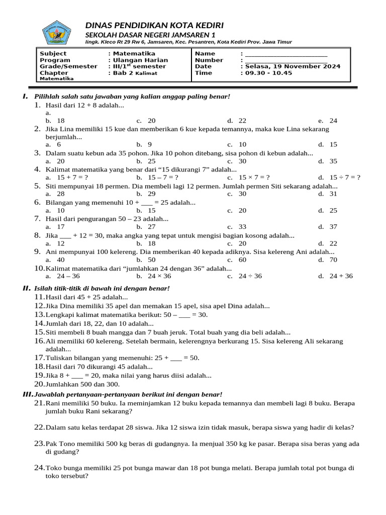 Soal Uh Math Kelas 3 Bab 2 | PDF