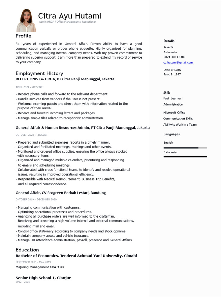 CV Citra Ayu Hutami | PDF
