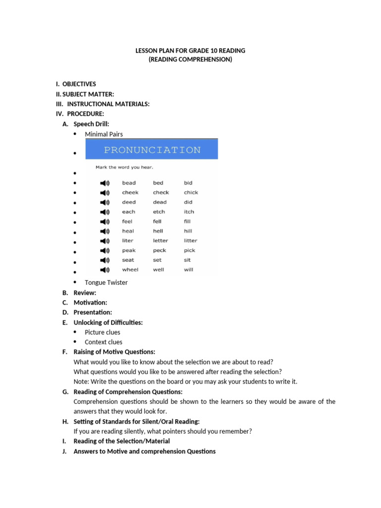 Lesson Plan For Grade 10 Reading | PDF