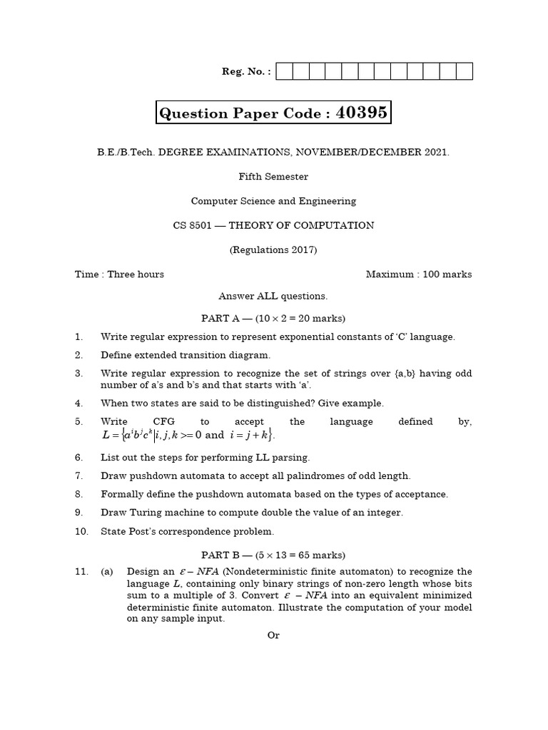 Theory of Computation - CS8501 2017 Regulation - Semester Question Paper 2021 Nov Dec | PDF ...