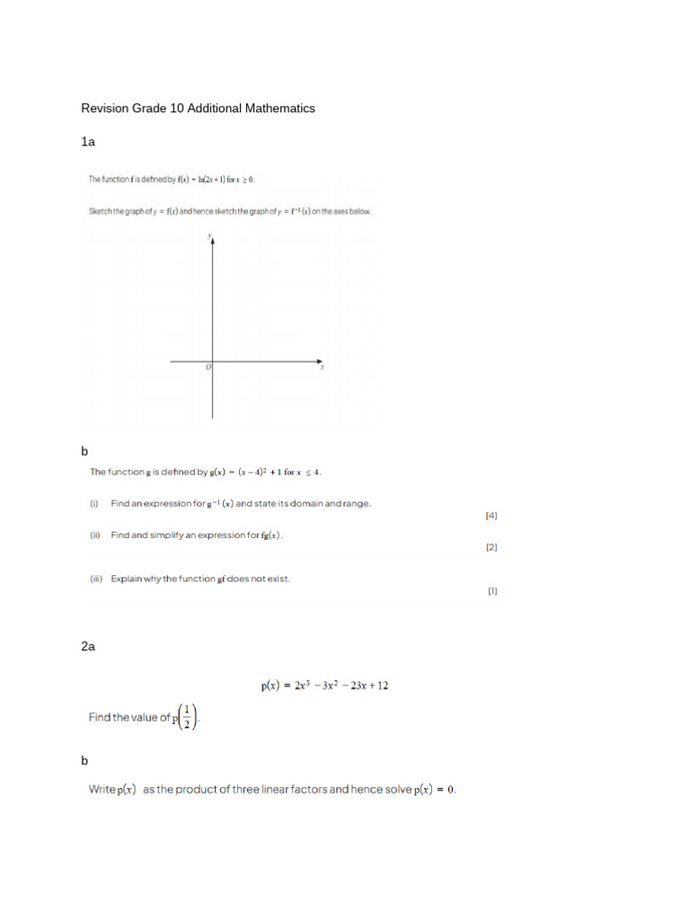 Revision Sheet - Grade 10 Additional Mathematics | PDF