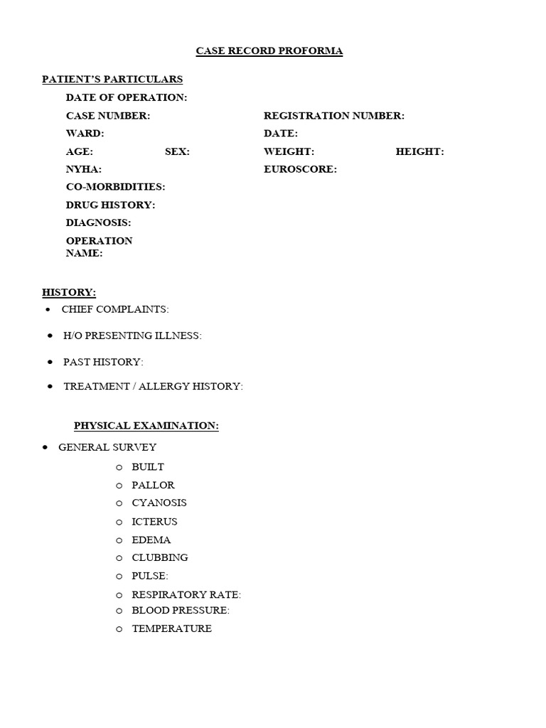 CASE RECORD PROFORMA | PDF | Blood Pressure | Clinical Medicine