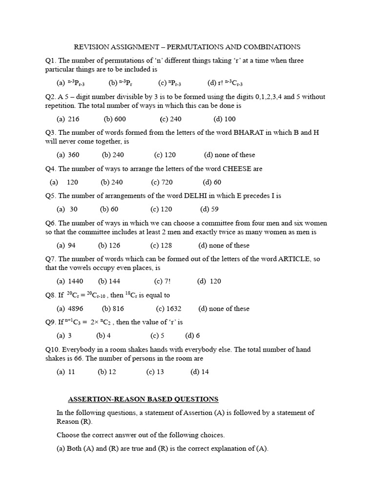 Permutations & Combinations Quiz | PDF