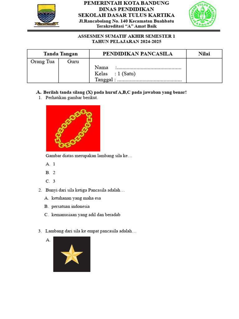 Soal ASAS Pendidikan Pancasila Kelas 1-1 | PDF