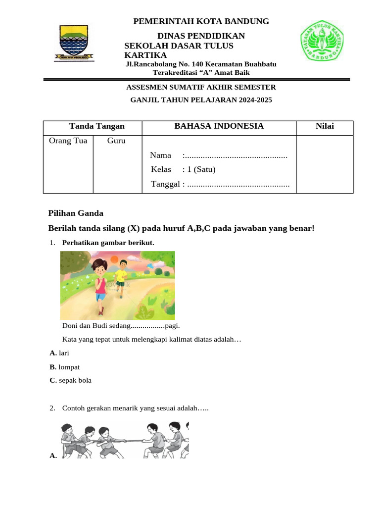 Soal ASAS Bahasa Indonesia Kelas 1-1 | PDF