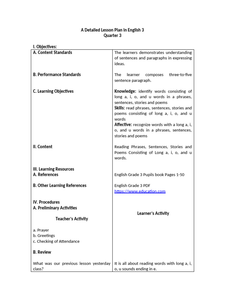 A Detailed Lesson Plan in English 3 Reading Phrases Sentences Stories ...