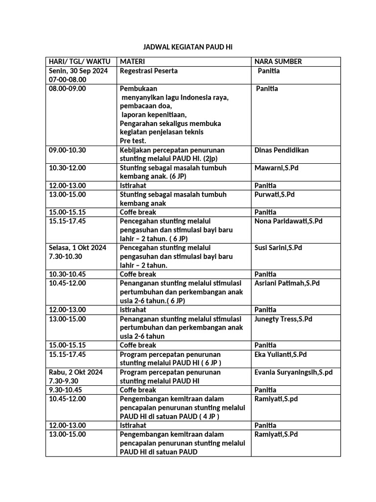 Jadwal Kegiatan PAUD Hi 2024 | PDF