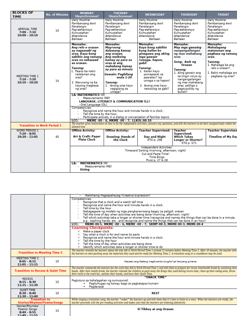 Weekly Class Schedule and Activities | PDF | Teachers | Learning