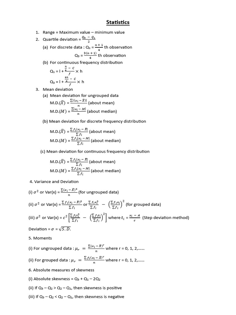 Statistics Formulas | PDF | Skewness | Variance