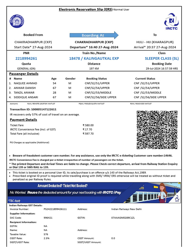 ckp_to_kgp_kalinga_utkal_train_27th_August | PDF | Identity Document | Payments