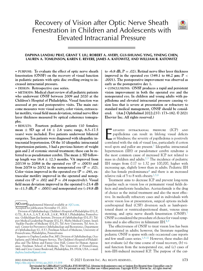 Recovery of Vision After Optic Nerve Sheath Fenestration in Children ...