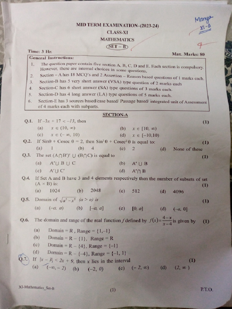 Maths Exam class-XI | PDF