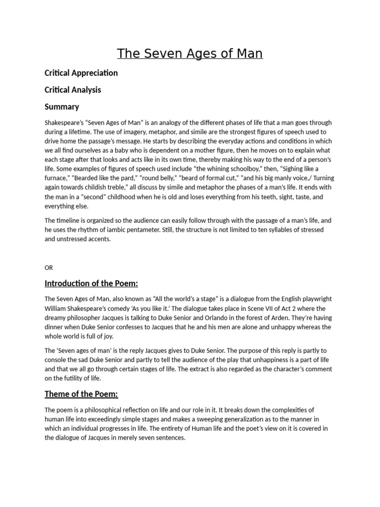 Critical Appreciation of Seven Ages | PDF | Poetry | Rhyme